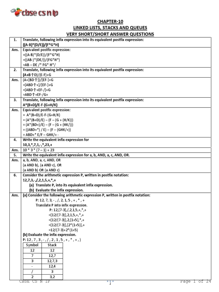 Chapter-10 Linked Lists, Stacks and Queues Very Short/Short Answer ...