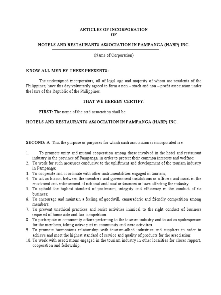 Hotel Articles of Inc | PDF