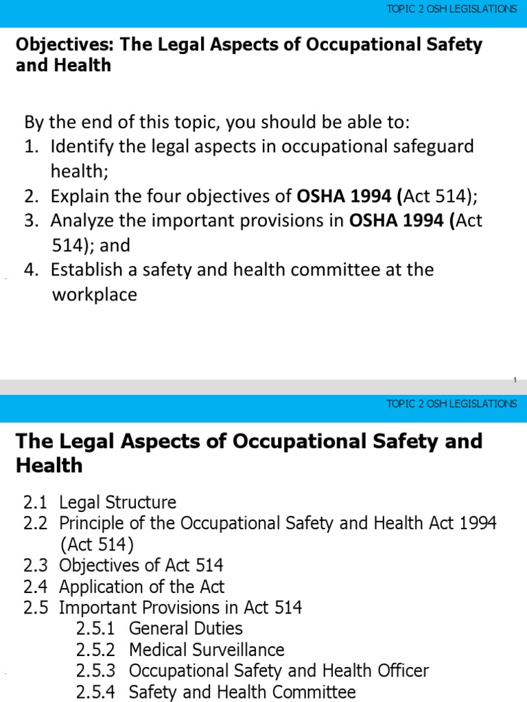 Learning Outcomes: Objectives: The Legal Aspects of Occupational Safety ...