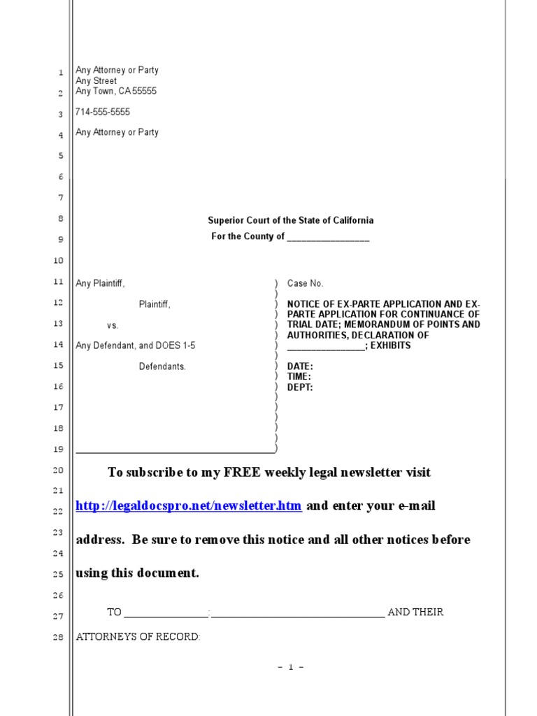 Sample Ex-Parte Application For Continuance of Trial Date For ...