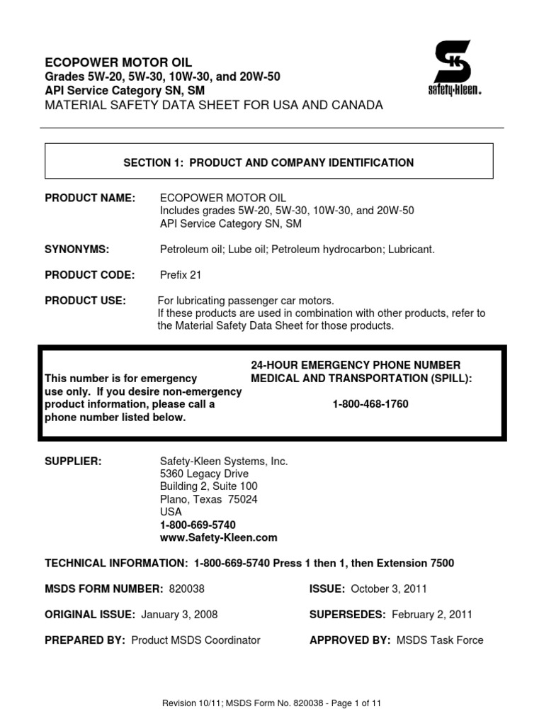 Material Safety Data Sheet For Usa and Canada: Ecopower Motor Oil | PDF ...