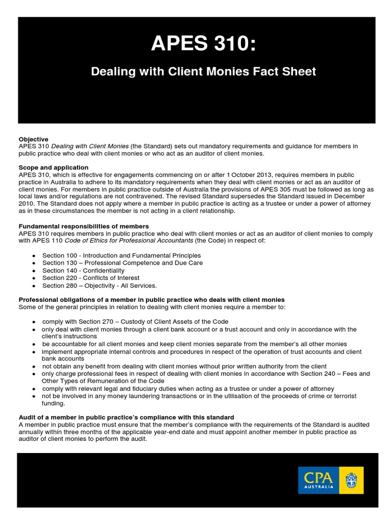 APES 310:: Dealing With Client Monies Fact Sheet | PDF | Regulatory ...