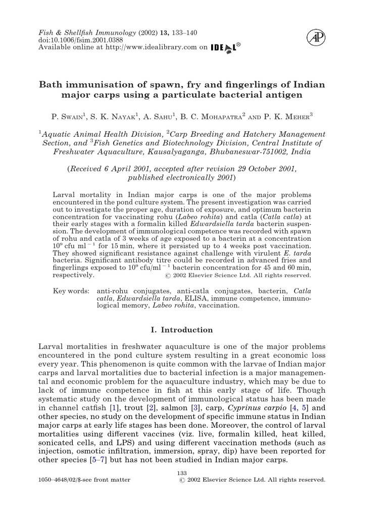 Bath Immunisation of Spawn, Fry and Fingerlings of Indian Major Carps ...