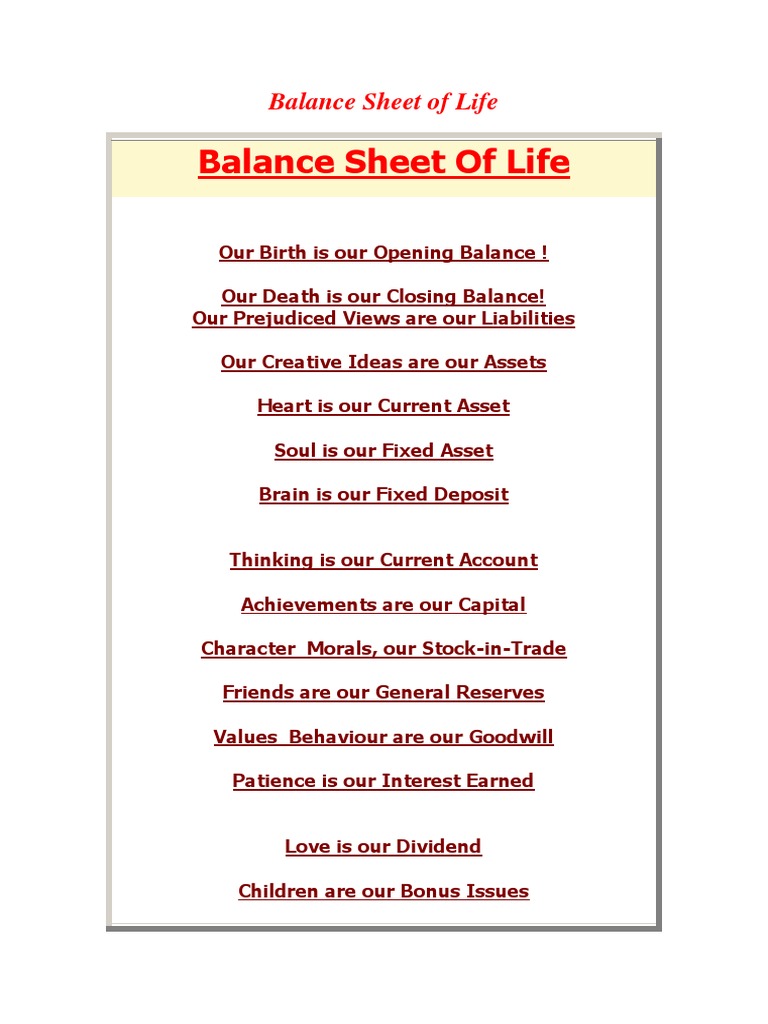 Balance Sheet of Life | Balance Sheet | Psychology