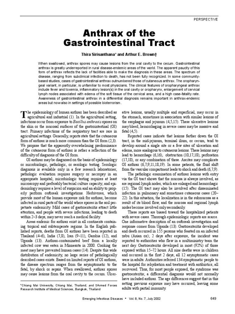 Anthrax of The Gastrointestinal Tract: Thira Sirisanthana and Arthur E ...