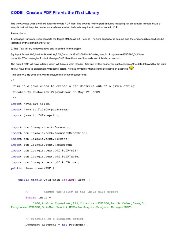 Create A Pdf File Via The Itext Library Pdf Portable Document Format Library Computing
