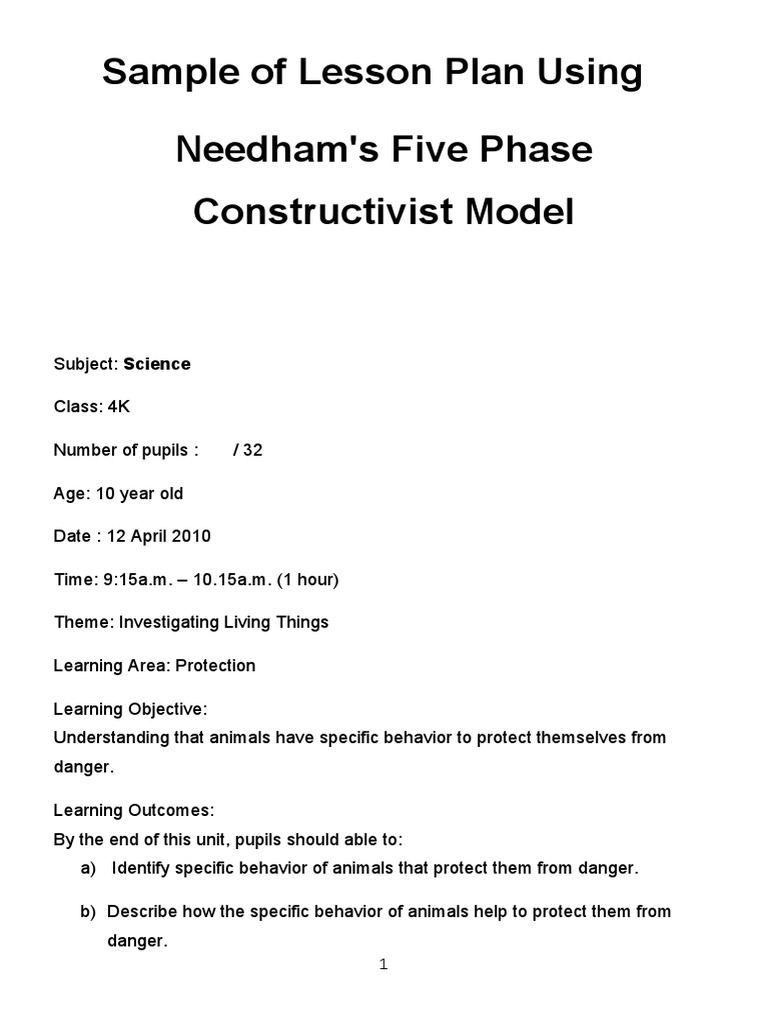 Sample of Lesson Plan Using Needham's Five Phase Constructivist Model ...