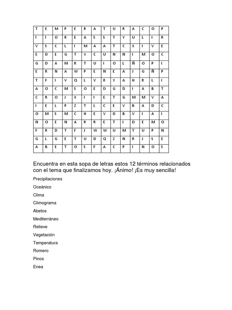 Sopa de Letras Tema 9 El Clima
