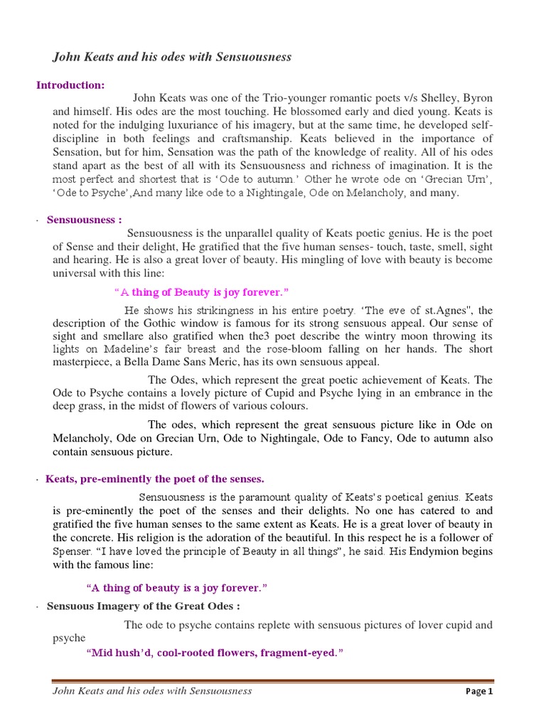 John Keats and His Odes With Sensuousness | John Keats | Poetry