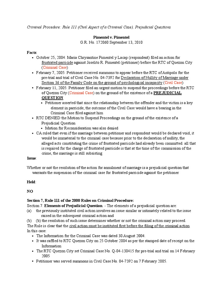 Pimentel v. Pimentel: Criminal Procedure: Rule 111 (Civil Aspect of A ...