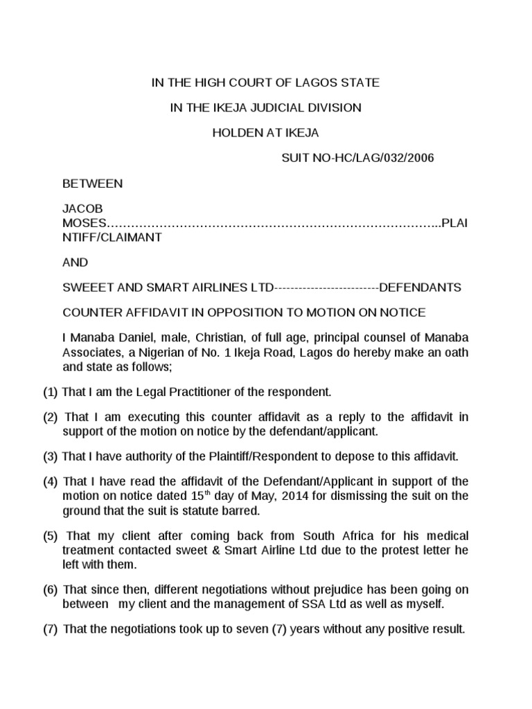 Counter Affidavit in Opposition To Motion On Notice | PDF | Law