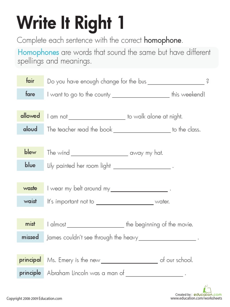 Write It Right 1: Homophones | PDF