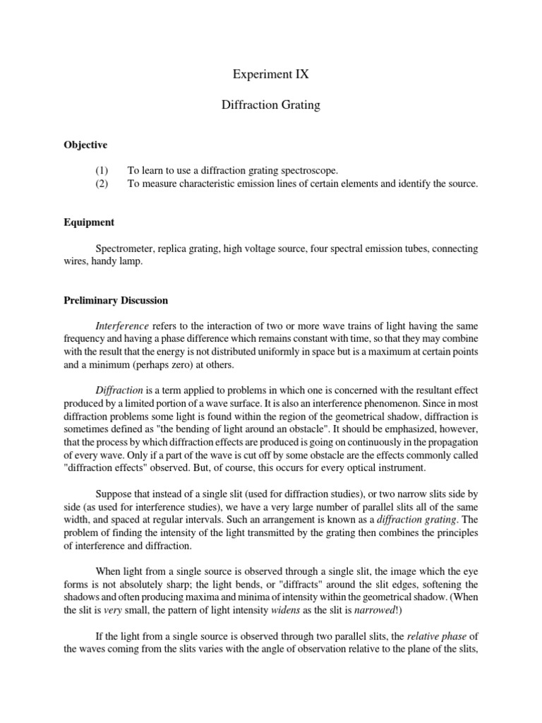 Experiment IX Diffraction Grating: Objective | PDF | Diffraction | Interference (Wave Propagation)