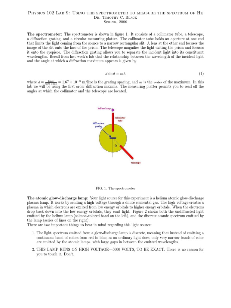 Physics 102 Lab 9: Using The Spectrometer To Measure The Spectrum of He ...