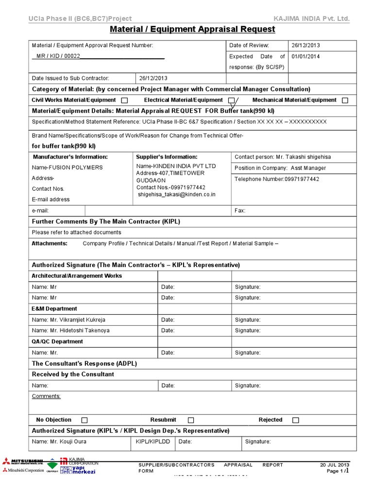 Material / Equipment Appraisal Request: Ucia Phase Ii (Bc6, Bc7) Project Kajima India Pvt. LTD ...