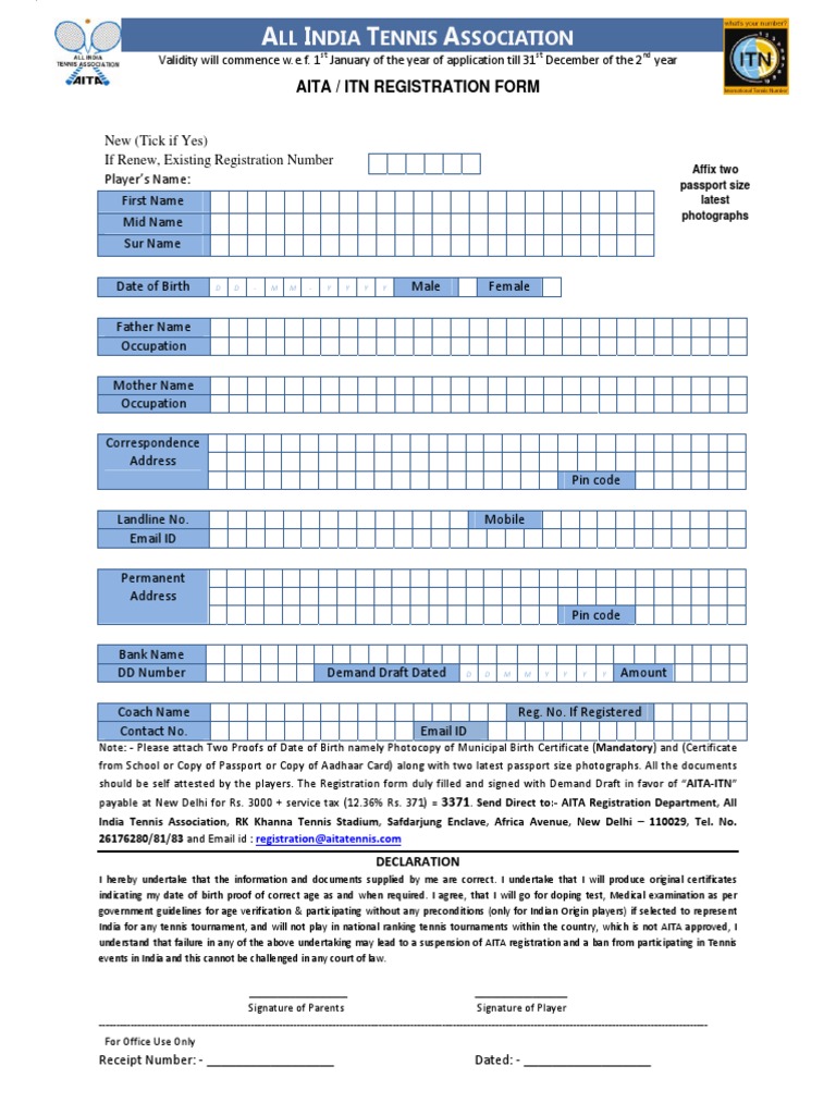LL Ndia Ennis Ssociation: Aita / Itn Registration Form | PDF | Birth ...