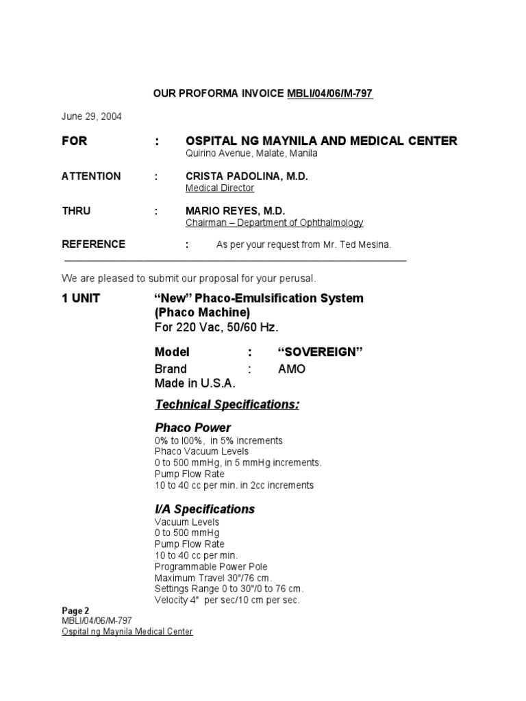 FOR: Ospital NG Maynila and Medical Center: Our Proforma Invoice Mbli ...