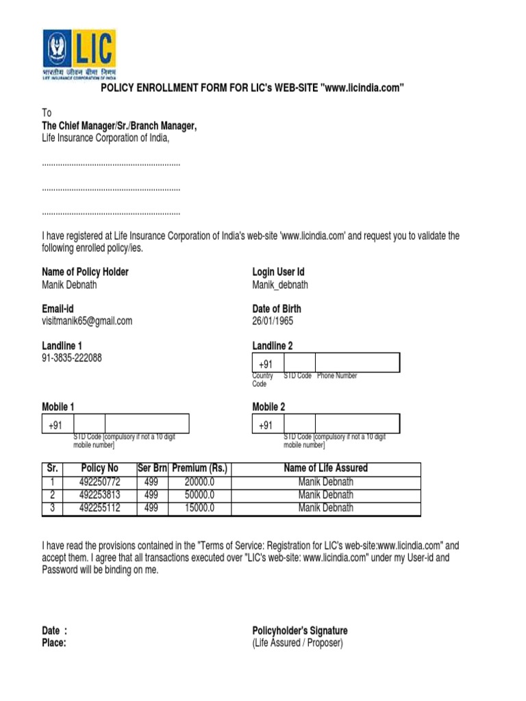 Policy Enrollment Form for Accessing Life Insurance Policies on LIC's ...