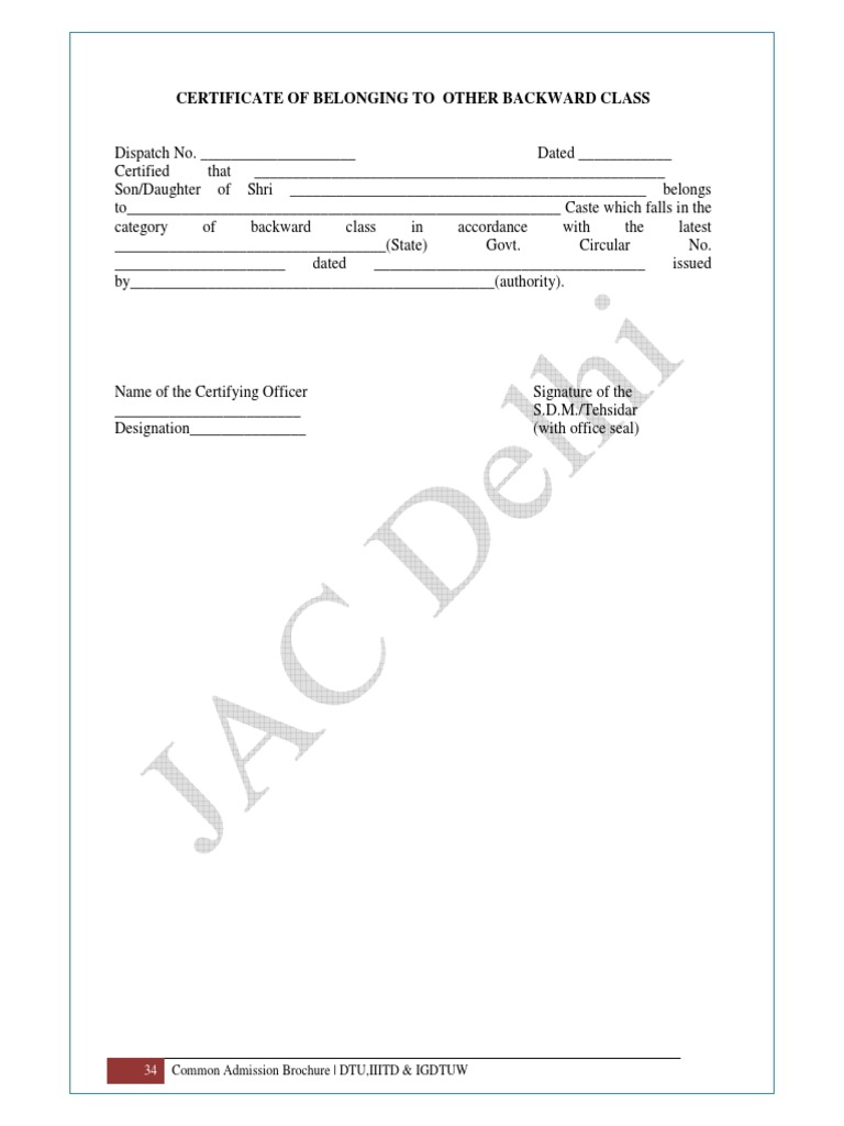 JAC Delhi - Certificate of Belonging To OBC | PDF | Finance & Money ...
