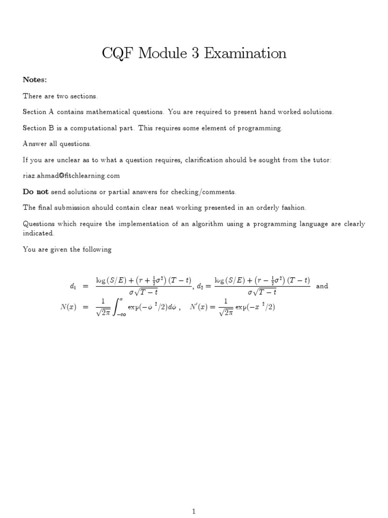 CQF Exam 3 Questions and Guide | PDF | Statistical Theory | Analysis