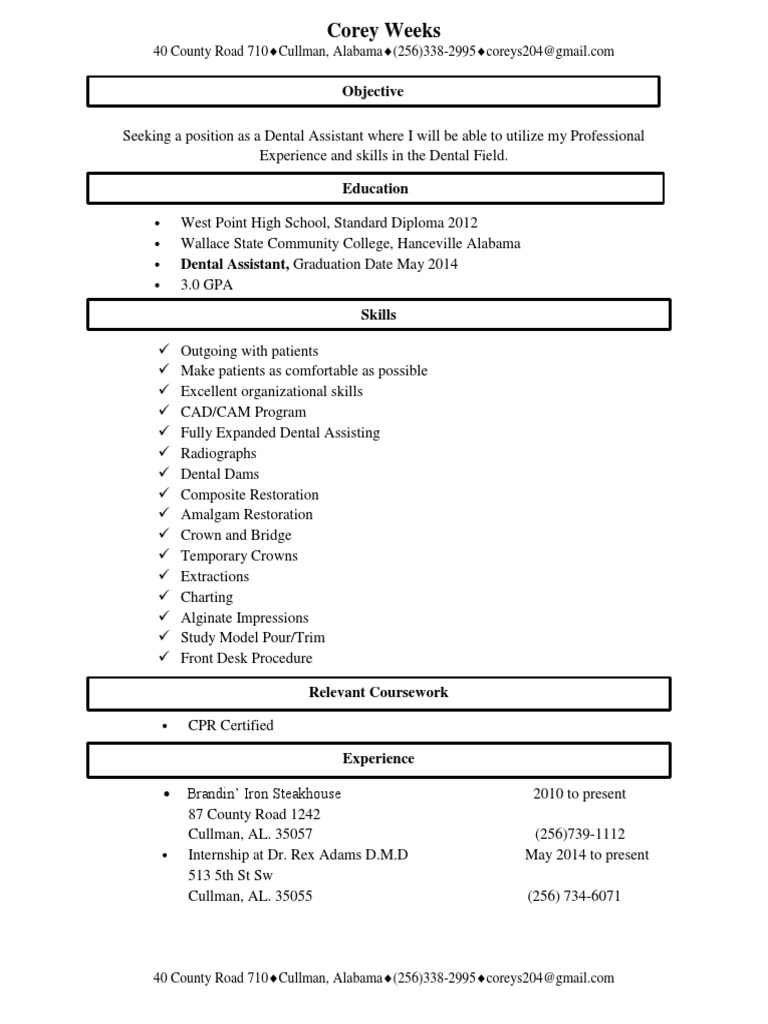 Dental Assistant Resume of Corey Weeks | PDF | Career & Growth