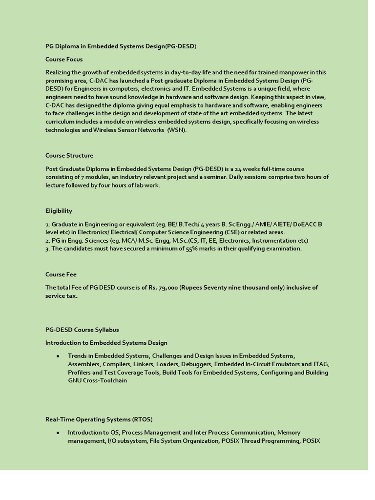 PG Diploma in Embedded Systems Design (PG-DESD) Course Focus | PDF ...