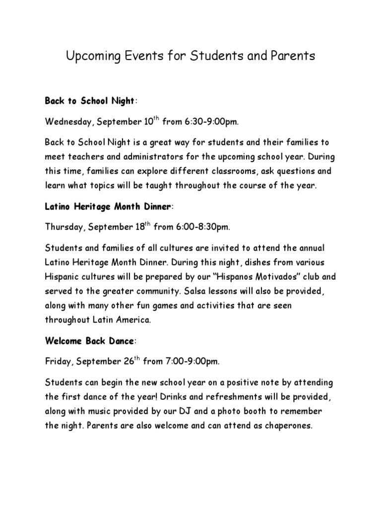 School Events for Students & Parents | PDF | Social Science