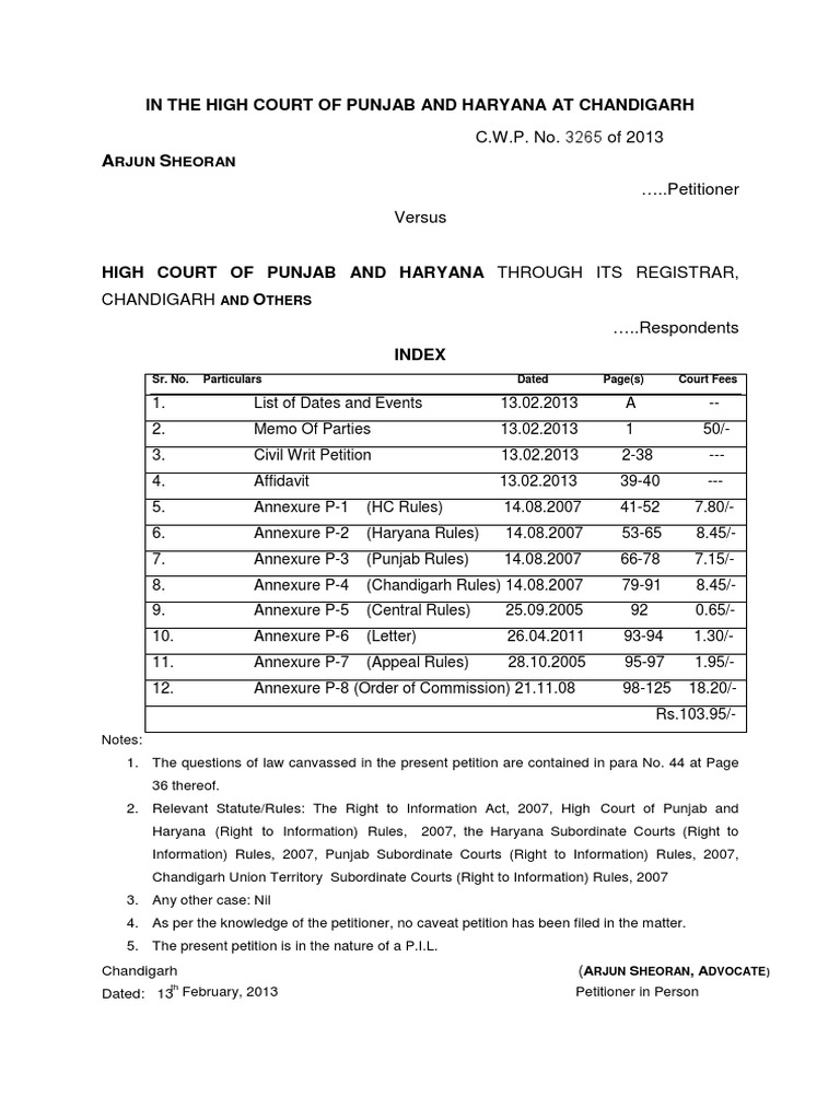 PIL Arjun Sheoran V High Court Punjab - HC RTI Rules | PDF | Freedom Of ...