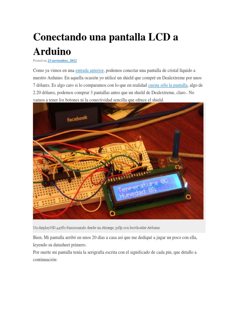 Conectando Una Pantalla LCD A Arduino | PDF | Arduino | Pantalla de cristal líquido