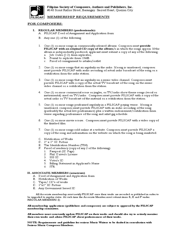 FILSCAP Membership Requirements For Writers | PDF | Identity Document ...
