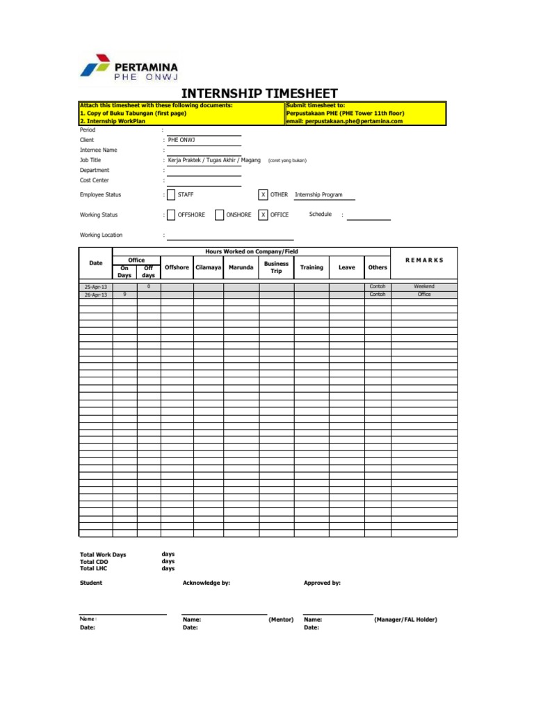 Internship Timesheet: 25-Apr-13 26-Apr-13 0 9 Contoh Weekend Contoh ...