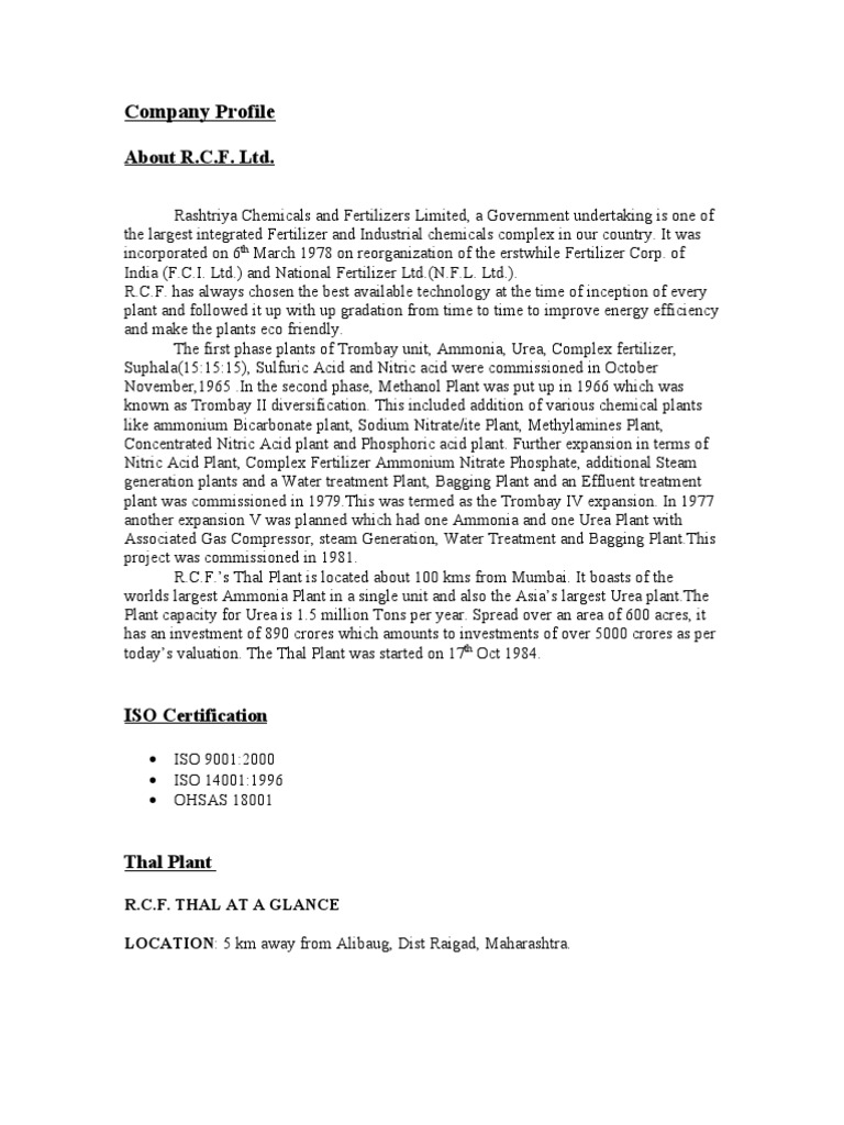 RCF Company Profile | PDF | Urea | Fertilizer