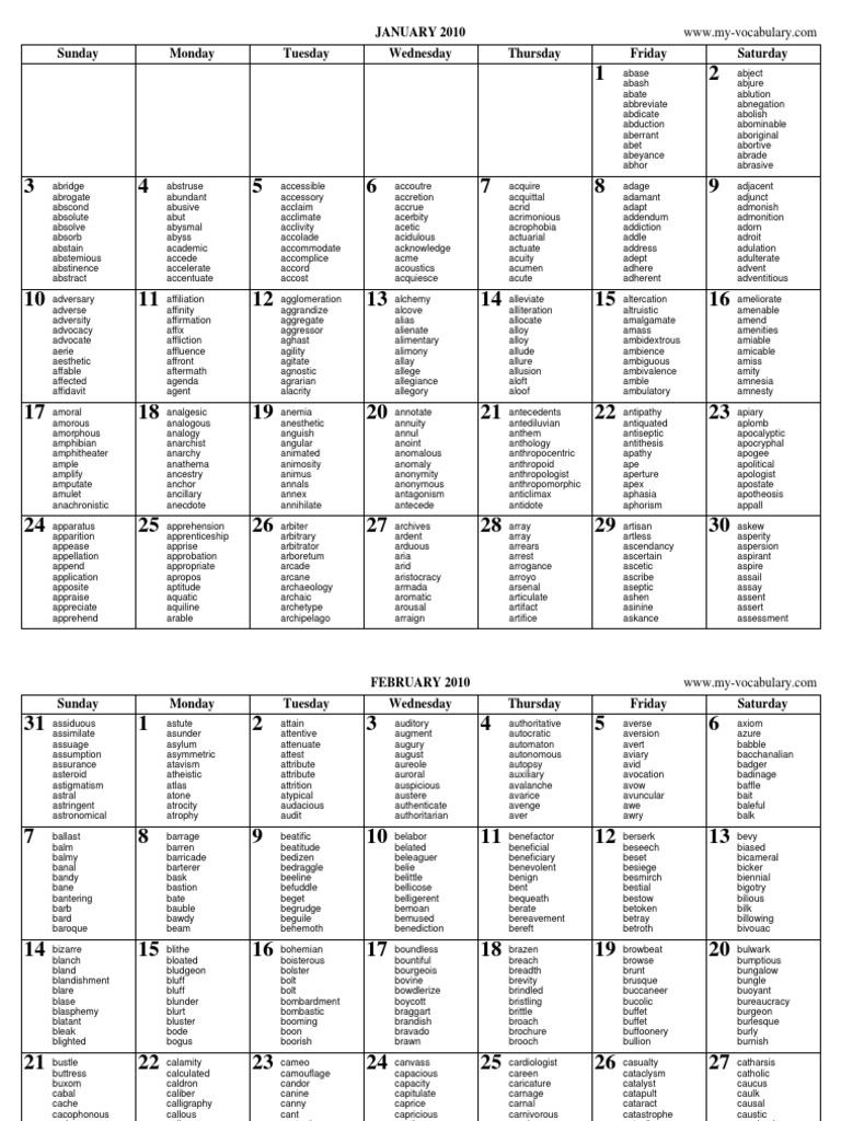 Word List Calendar | PDF