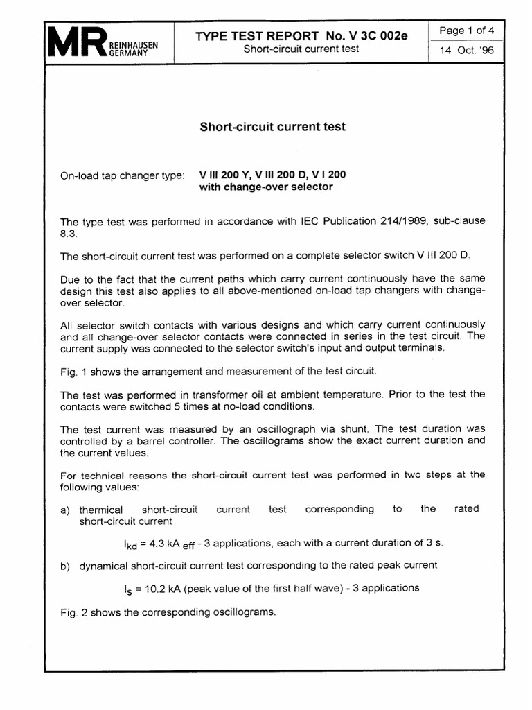 Type Test Report No. V 3C 002E: V 111 200 Y, V 111 200 D, V 1 200 With ...