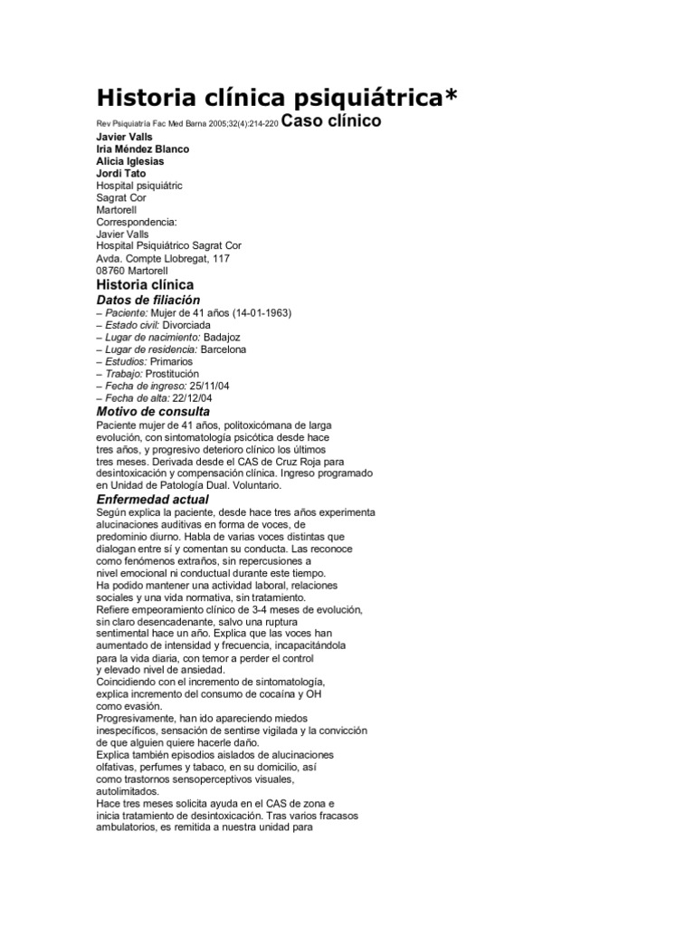 Historia Clinica Psiquiatrica | Descargar gratis PDF | Esquizofrenia | Psicosis