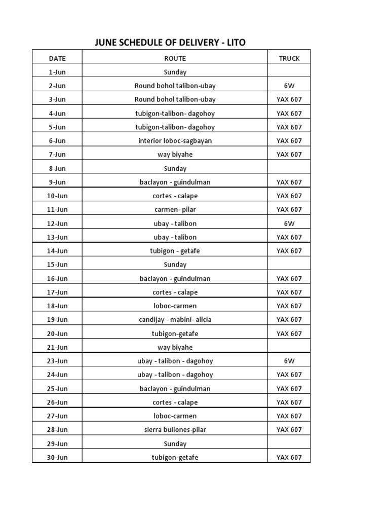 Schedule of Delivery | PDF | Sports & Recreation | Travel
