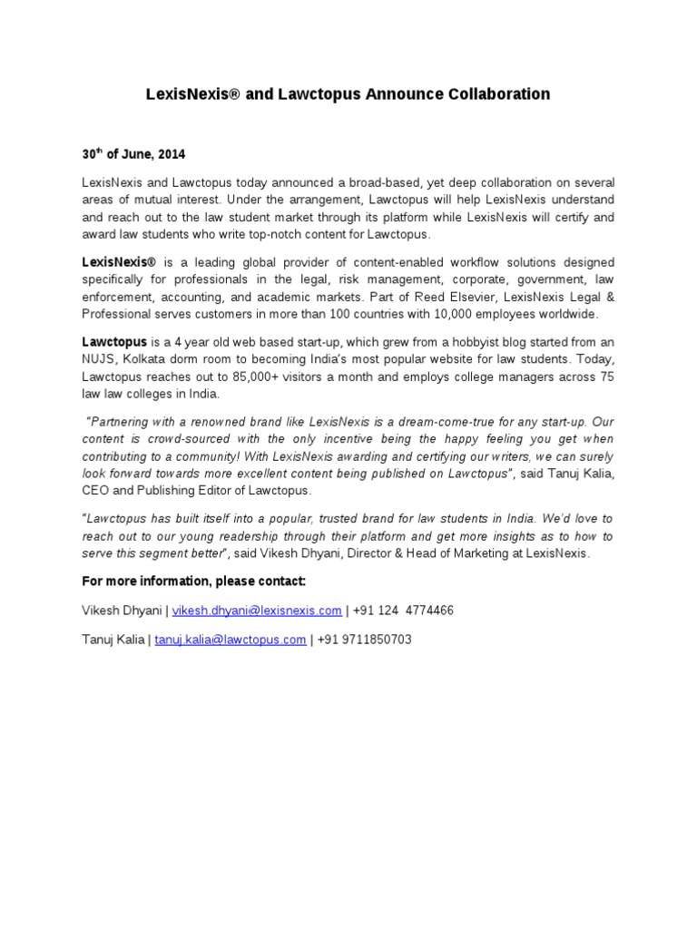 LexisNexis® and Lawctopus Announce Collaboration | PDF | Business