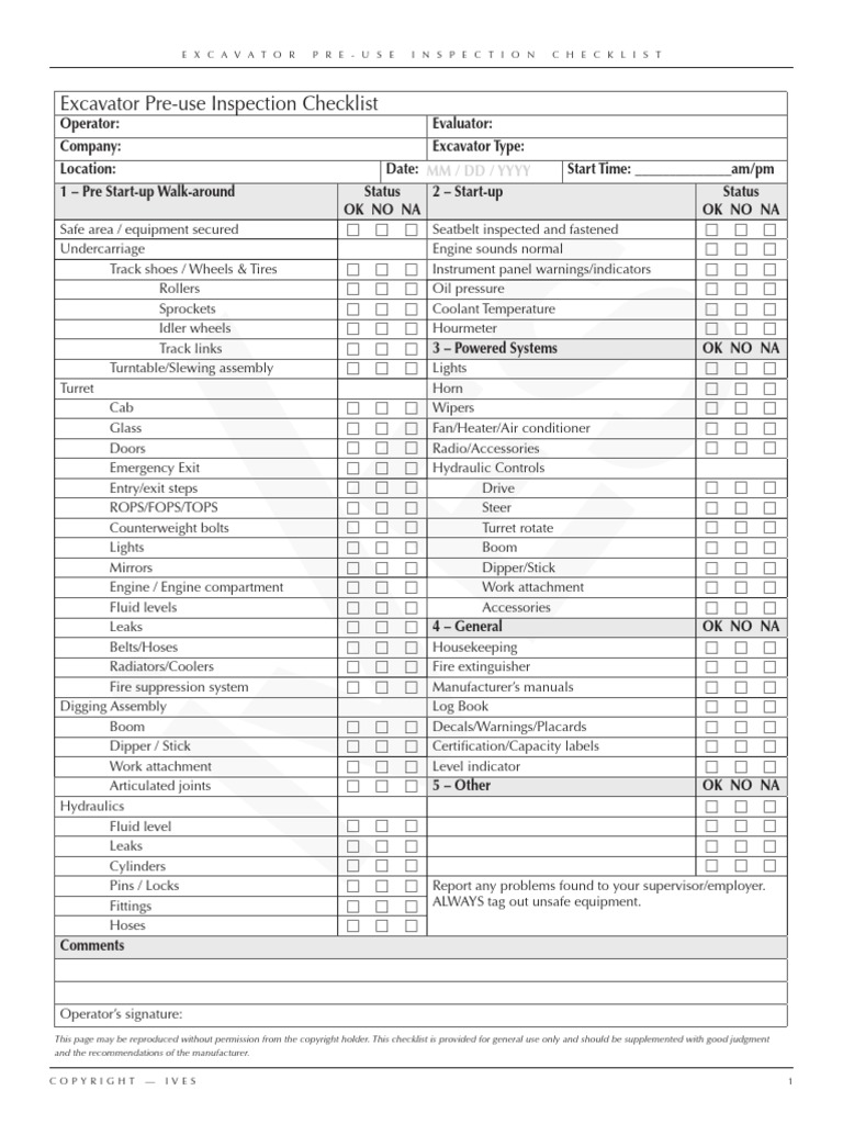 Excavator Pre Use Inspection Checklist | PDF | Transport | Motor Vehicle