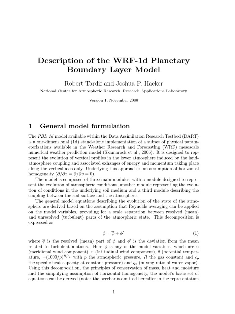 Description of The WRF-1d PBL Model | PDF | Turbulence | Heat