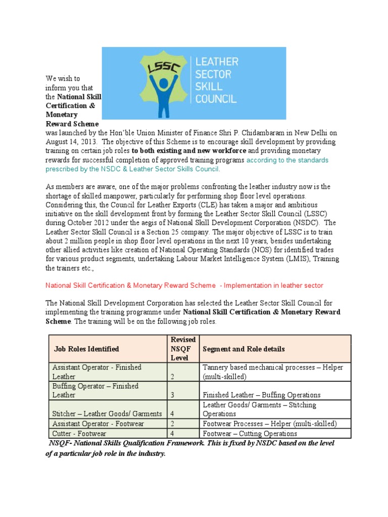 National Skill Certification & Monetary Reward Scheme | PDF | Clothing ...