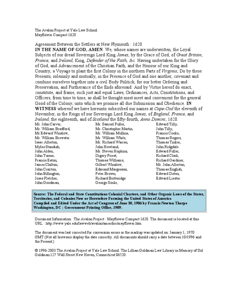 Mayflower Compact 1620 | Former English Colonies | Colonial Massachusetts