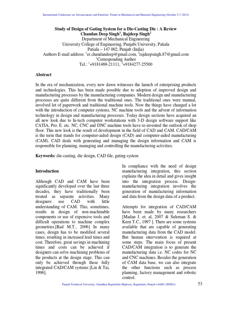 Study of Design of Gating System For A Die-Casting Die: A Review Chandan Deep Singh, Rajdeep ...