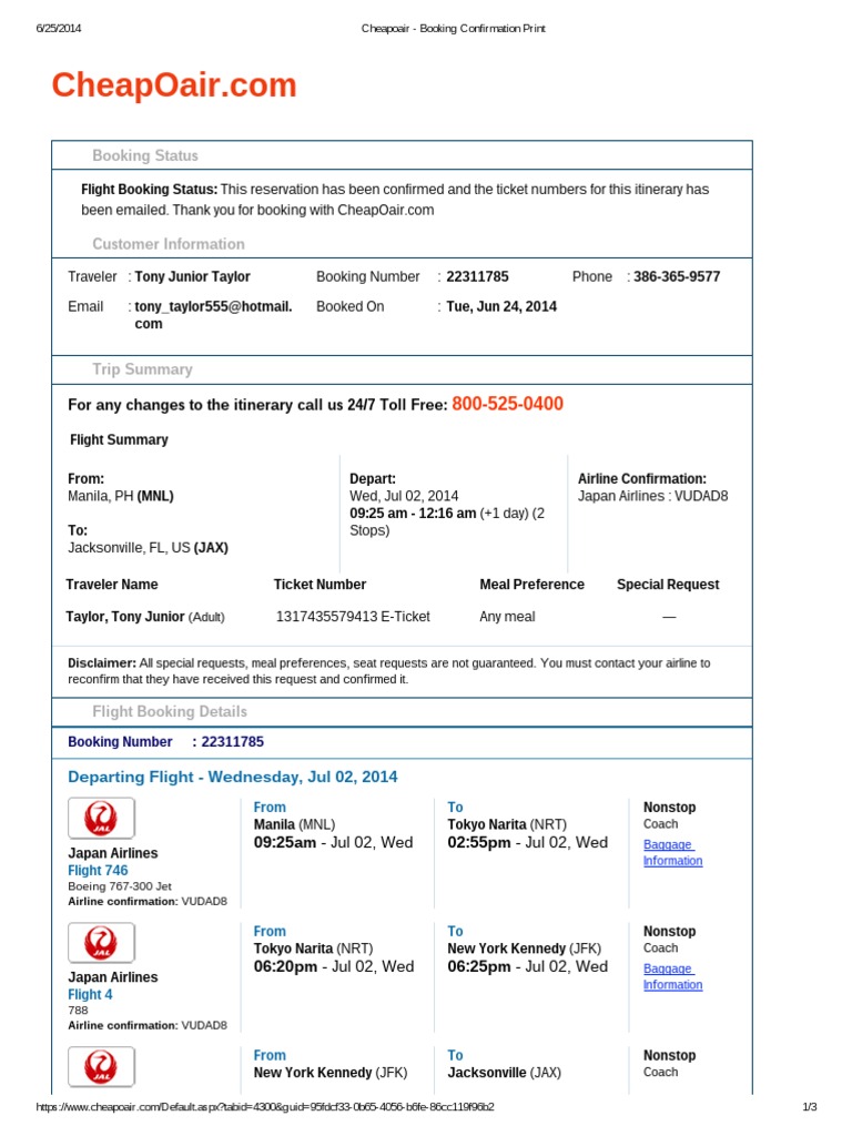 Cheapoair - Booking Confirmation Print (1) | Travel Visa | Passport