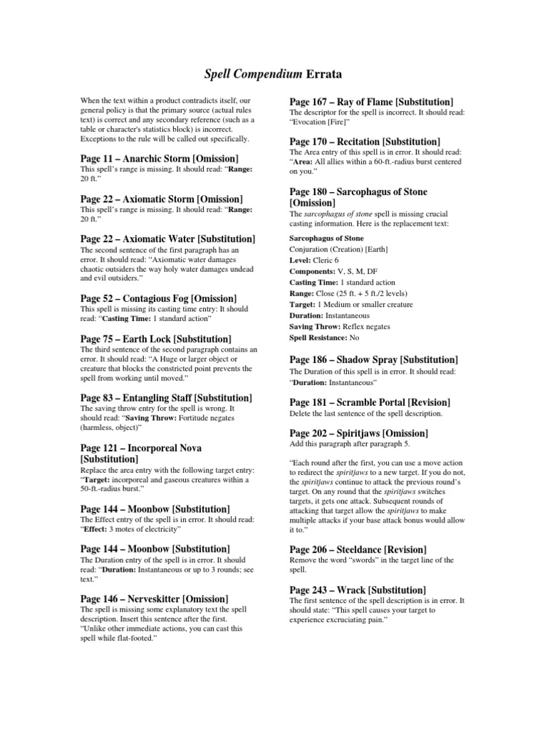 Spell Compendium Errata: Sarcophagus of Stone | PDF | Leisure