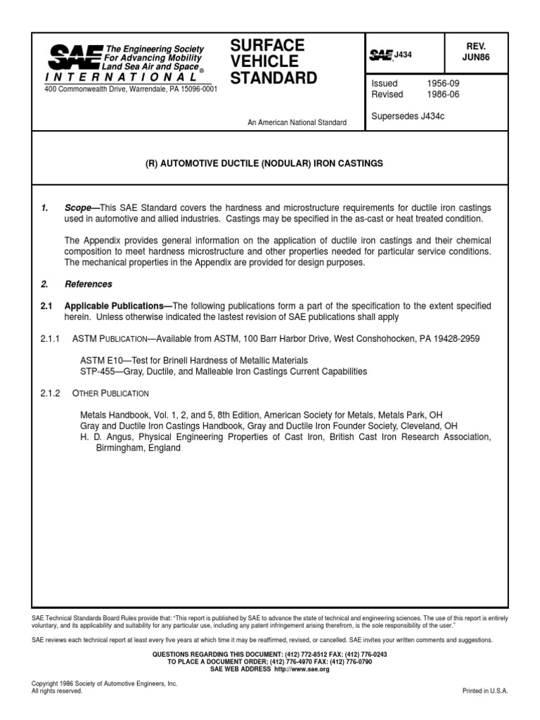 SAE J434 1986 Automotive Ductile Iron Castings Nodular Iron Castings | PDF | Heat Treating ...