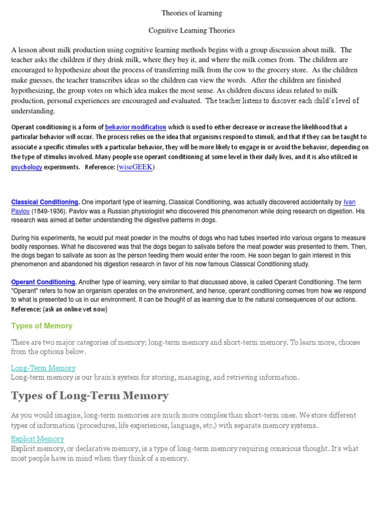 Theories of Learning Anne | PDF | Memory | Long Term Memory