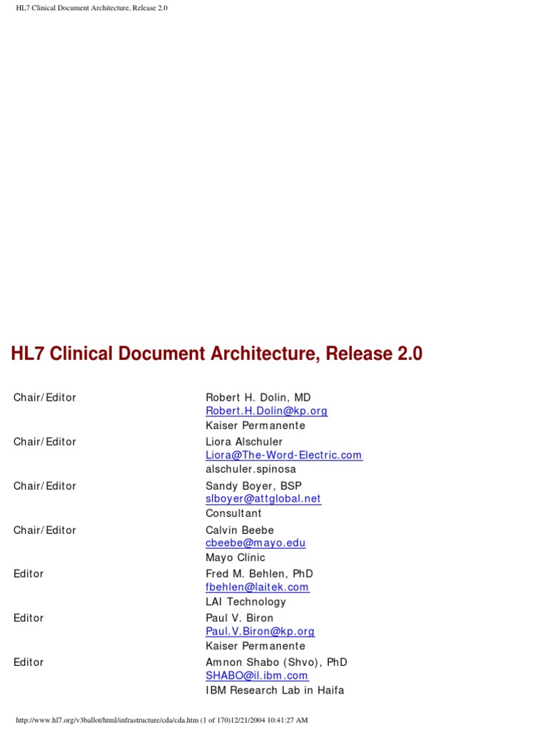 HL7 Clinical Document Architecture, Release 2.0 | PDF | Xml Schema | Xml