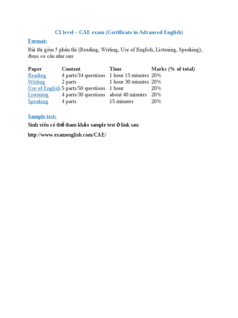 C1 Level - CAE Exam (Certificate in Advanced English) Format | PDF