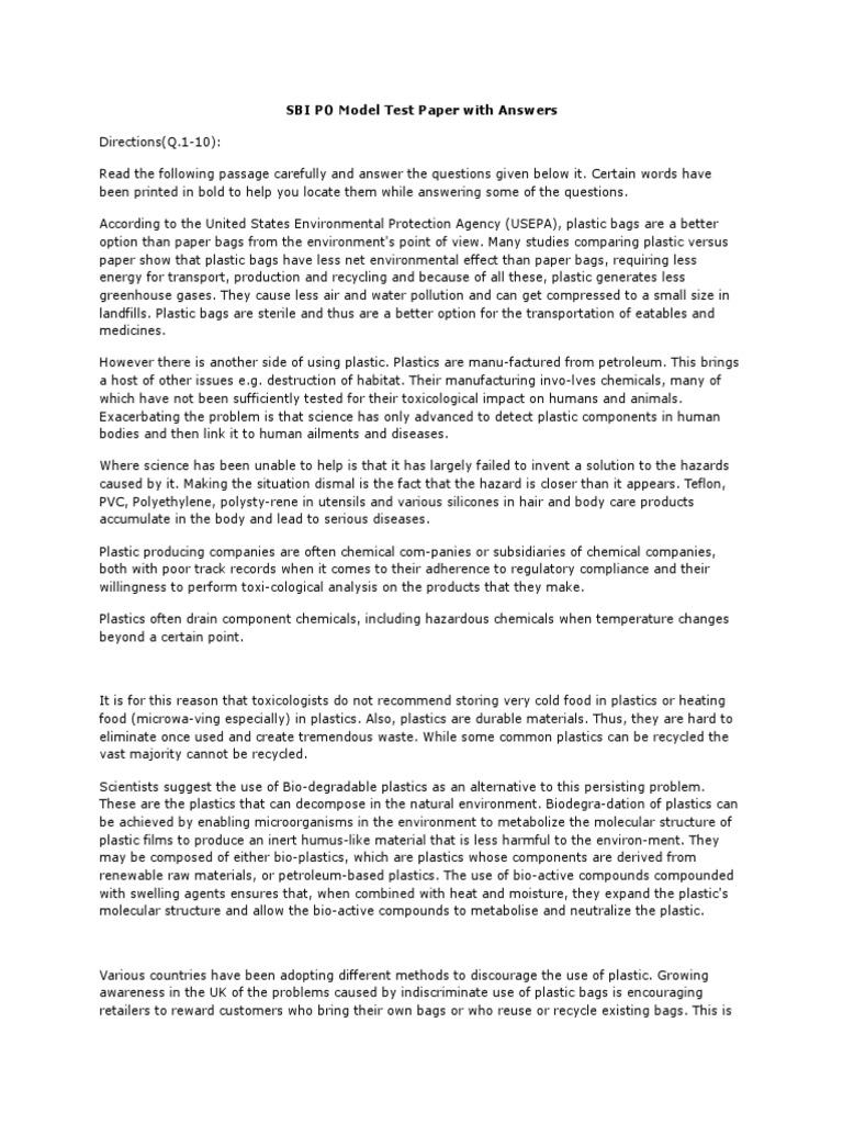 SBI PO Model Test Paper With Answers | PDF | Plastic | Interest Rates