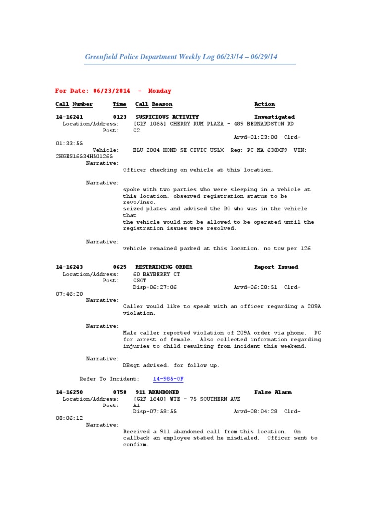 Greenfield Mass Police Log 062314 Through 062914 | PDF | 9 1 1 | Transport